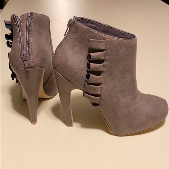 JustFab | Shoes | Justfab Taupe High Heel Booties With Ruffle 6 | Poshmark